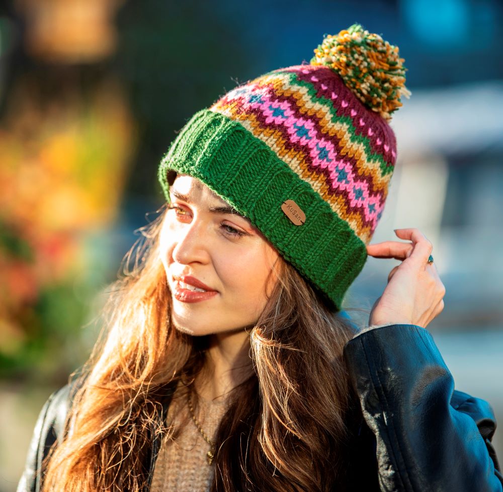 KuSan Bobble Hat Turn Up Green Purple |A Brilliant Disguise